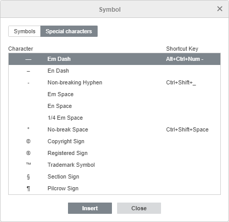 Insert symbols and characters