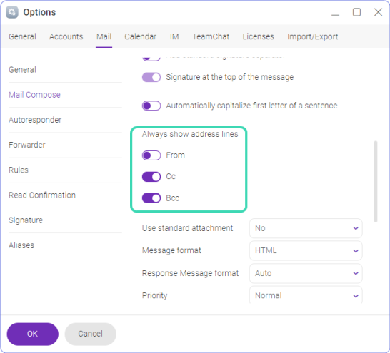 How to add Cc/Bcc lines for every email
