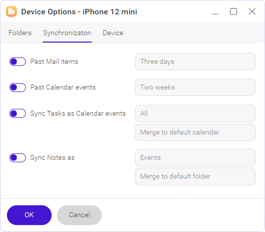 Device options dialog