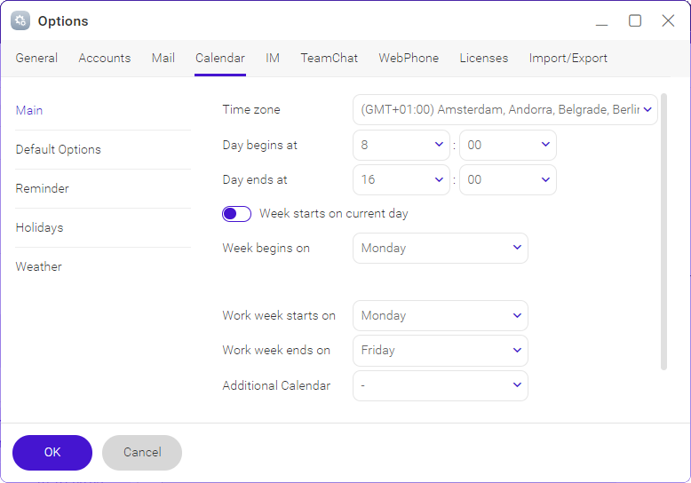 Options: Calendar Tab